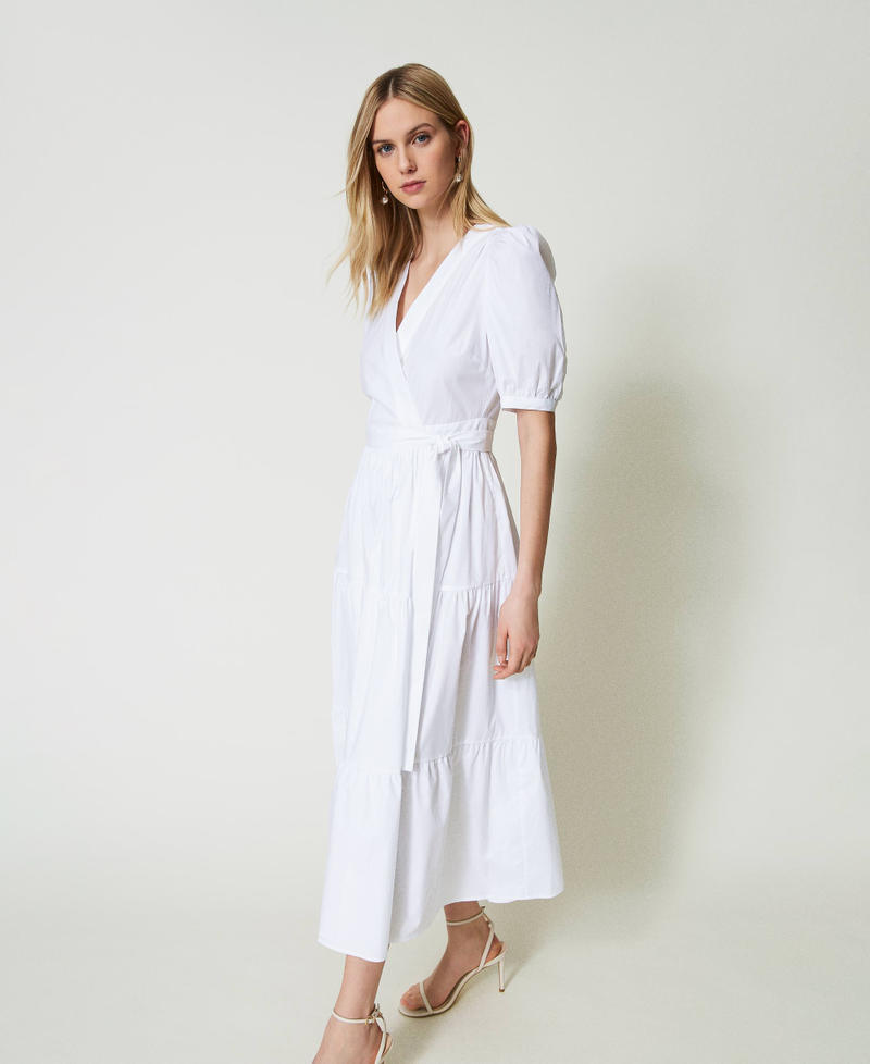Long poplin wrap-around dress Woman, White | TWINSET Milano