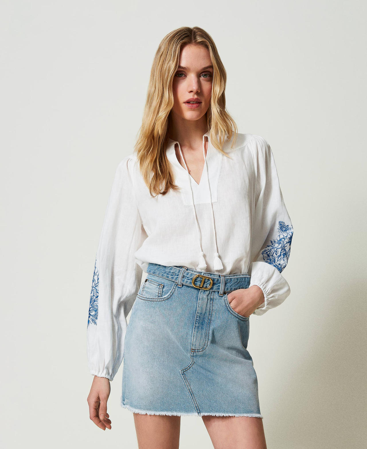 Blouse en lin avec broderie florale Femme, Blanc | TWINSET Milano