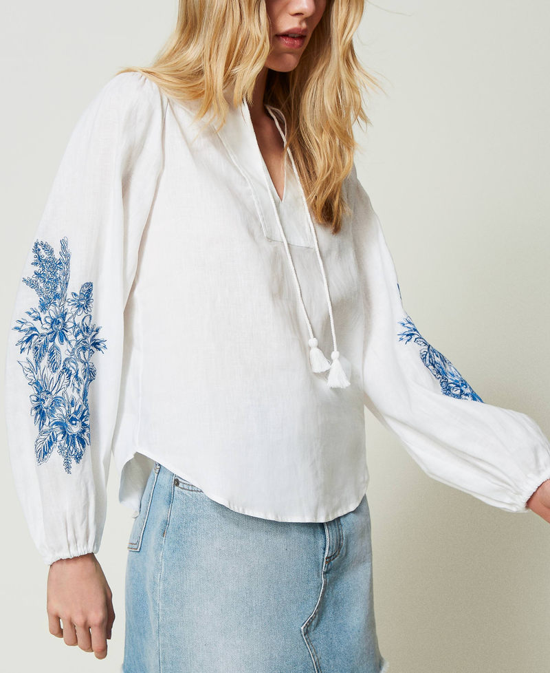 Blouse en lin avec broderie florale Femme, Blanc | TWINSET Milano