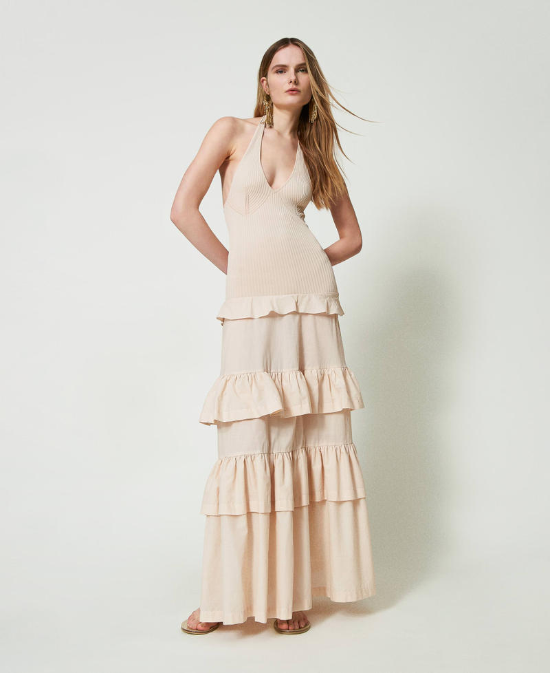 Long knit and muslin dress Woman, Beige | TWINSET Milano