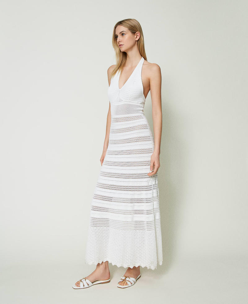 Vestido largo de punto con efecto encaje Mujer, Blanco | TWINSET Milano