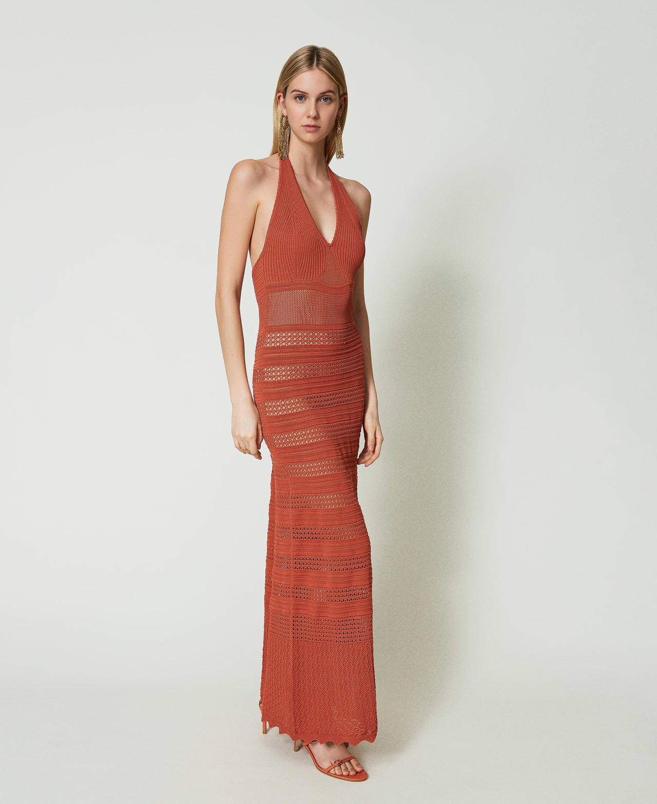 Abito lungo in maglia effetto pizzo Donna, Arancio | TWINSET Milano