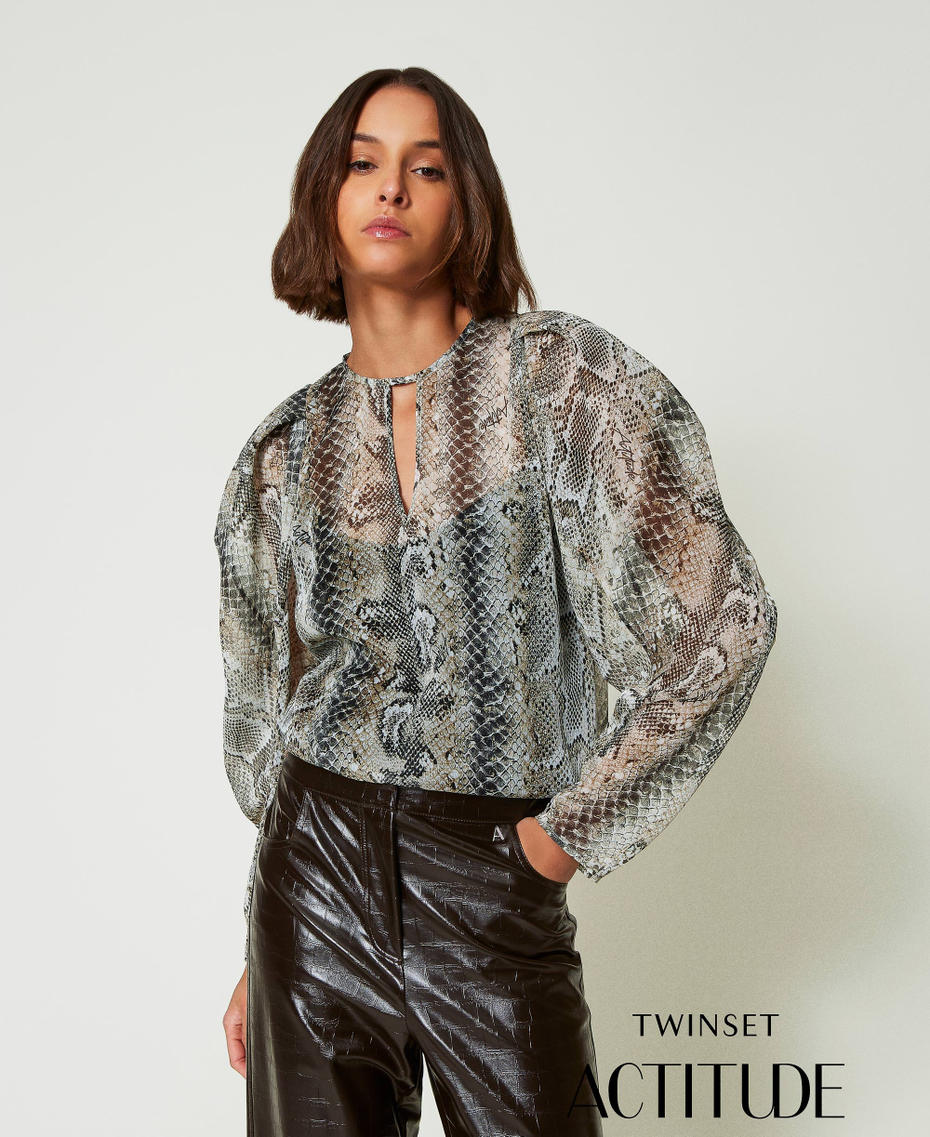 Creponne blouse with snake print Woman, Silver | TWINSET Milano