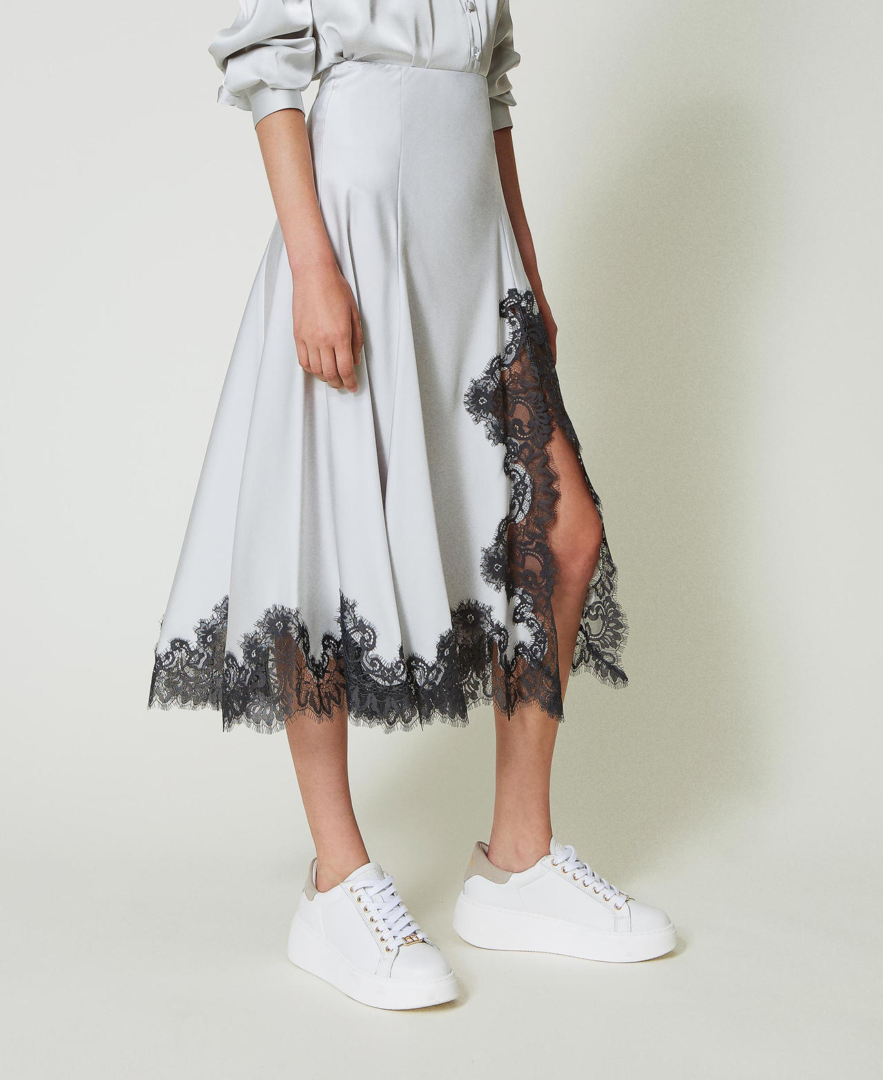 Jupe longue en satin et dentelle Femme, Argent | TWINSET Milano