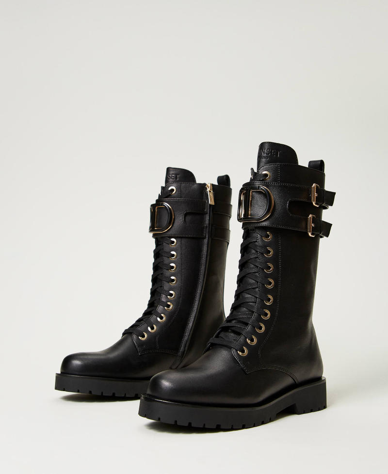 Botas militares de caña alta de piel con Oval T Mujer, Negro | TWINSET ...