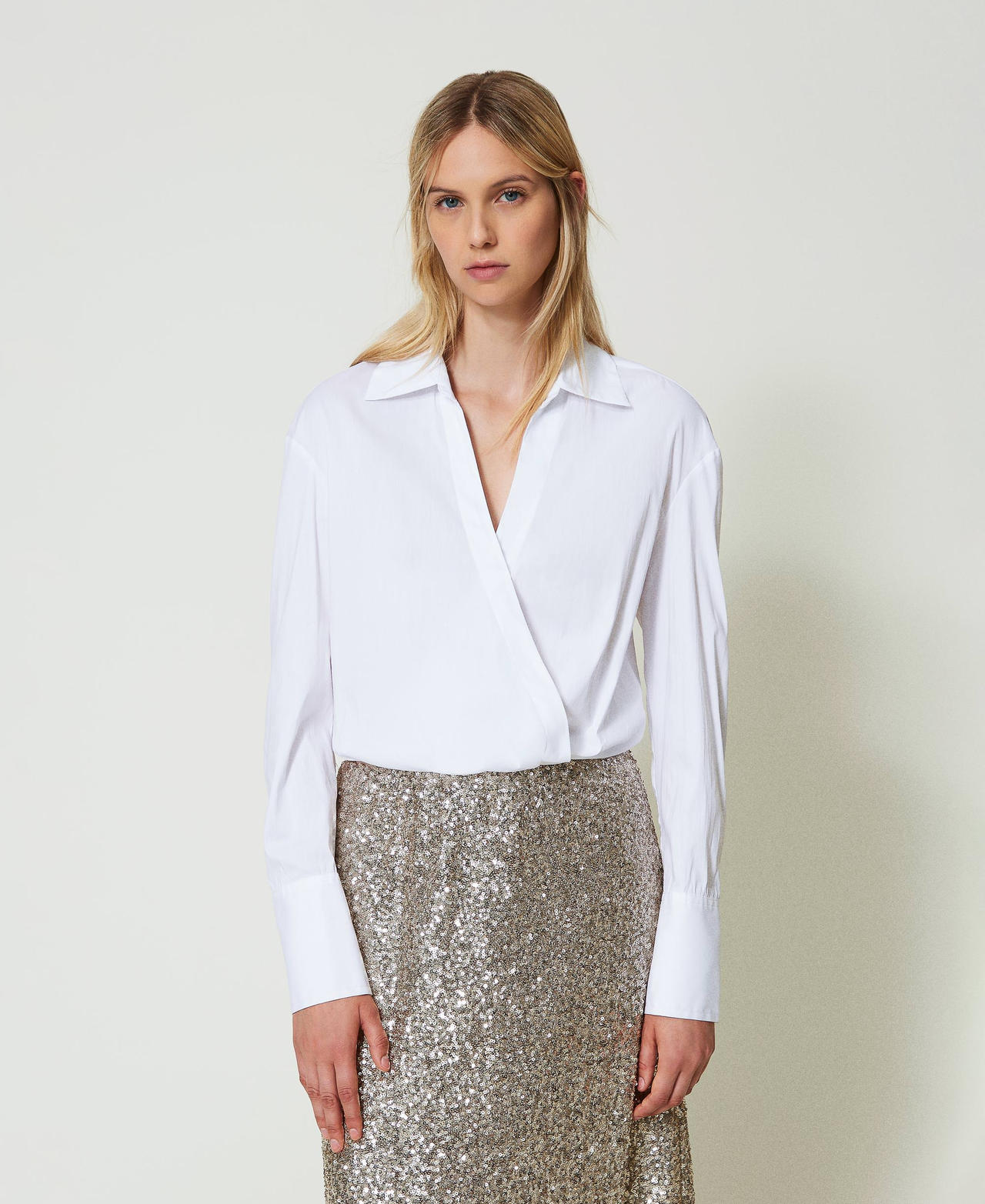 Poplin crossover blouse Woman, White | TWINSET Milano
