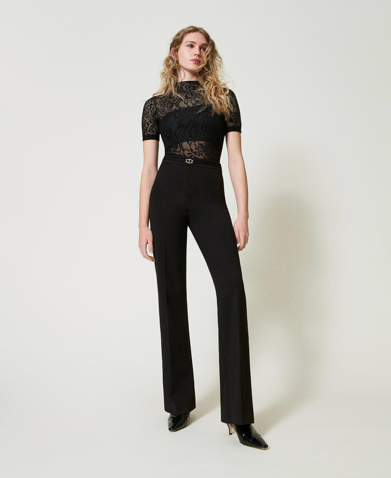 Pantaloni straight leg con cinturino Oval T Donna, Nero | TWINSET Milano
