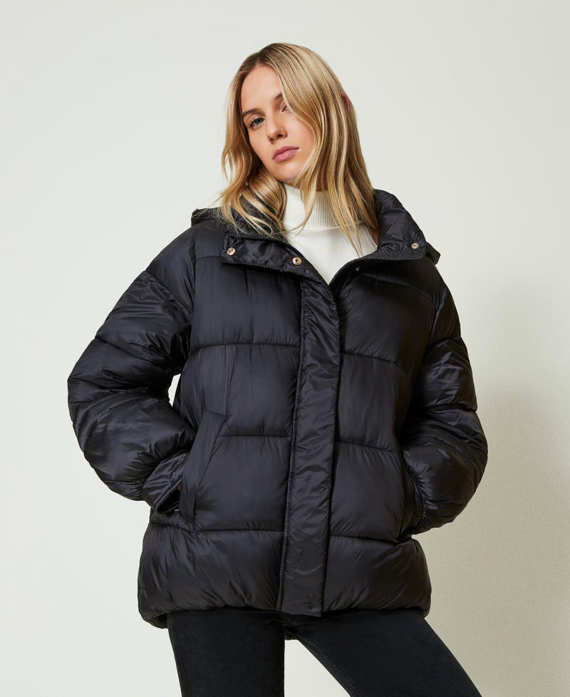 Striped jacquard nylon puffer jacket Woman, Black | TWINSET Milano