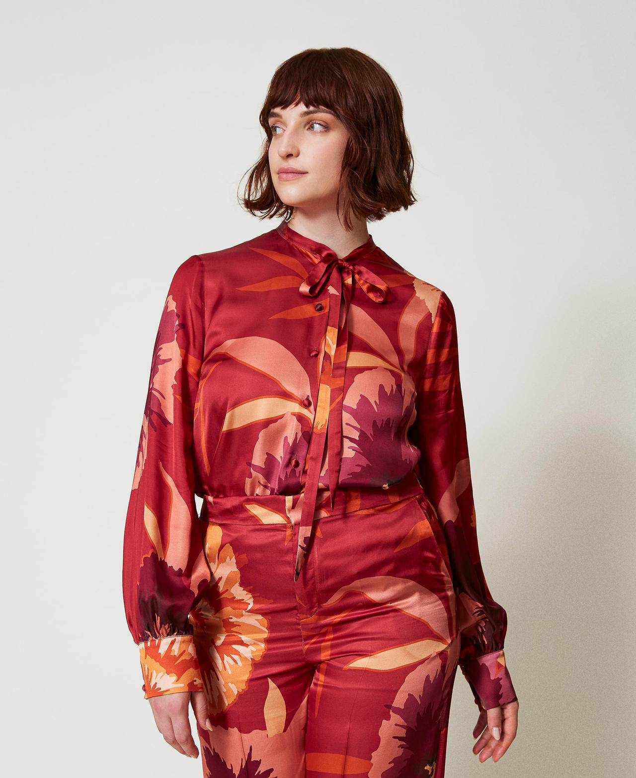 Camicia in raso a fiori Donna, Rosso | TWINSET Milano