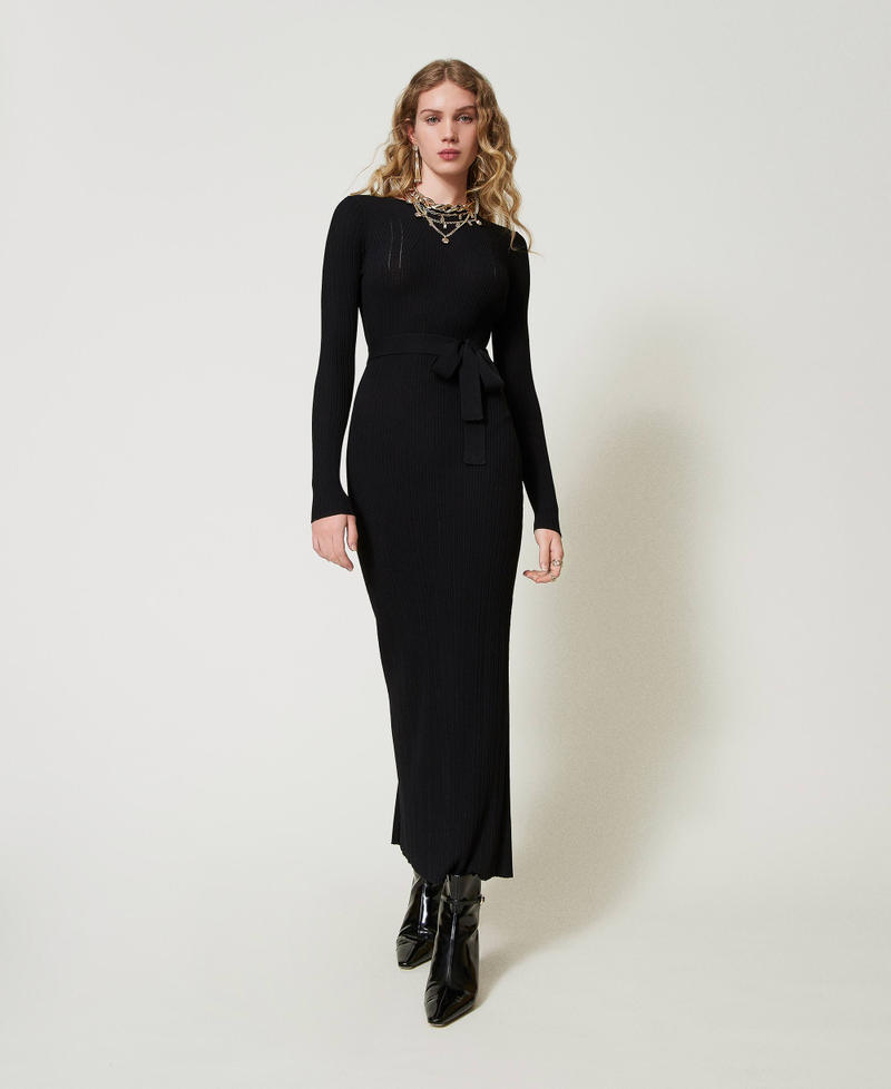 Long ribbed knit dress with cut-out Woman, Black | TWINSET Milano