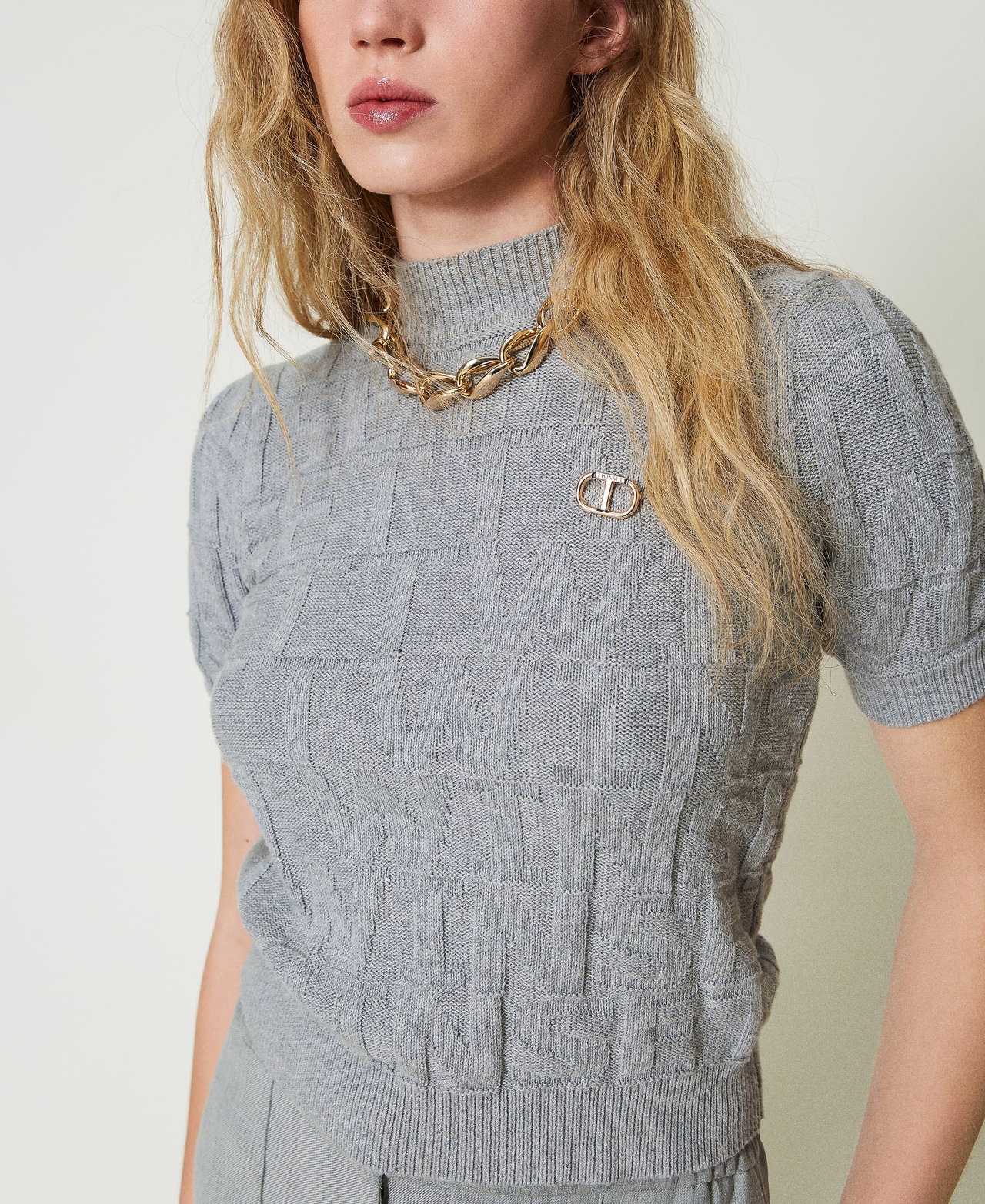 Cotton and cashmere jumper with logo Woman, Grey | TWINSET Milano