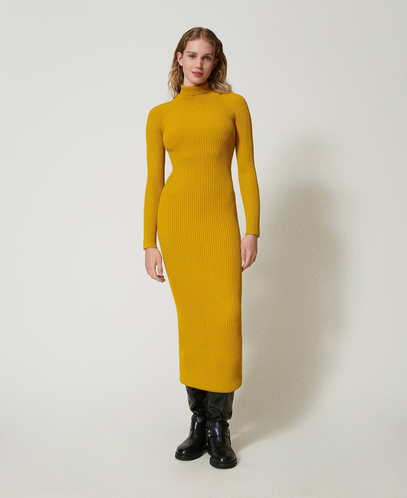 Long knit dress with cut-out Woman, Yellow | TWINSET Milano