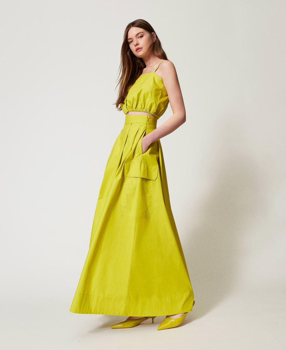 Long poplin skirt with pleats Woman, Green | TWINSET Milano Long poplin skirt with pleats Woman, Green | TWINSET Milano