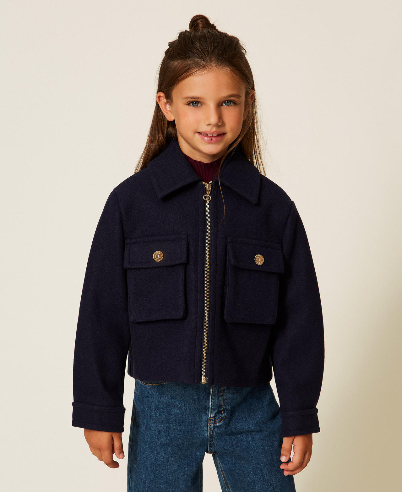 Wool cloth caban jacket with zip Girl, Blue | TWINSET Milano