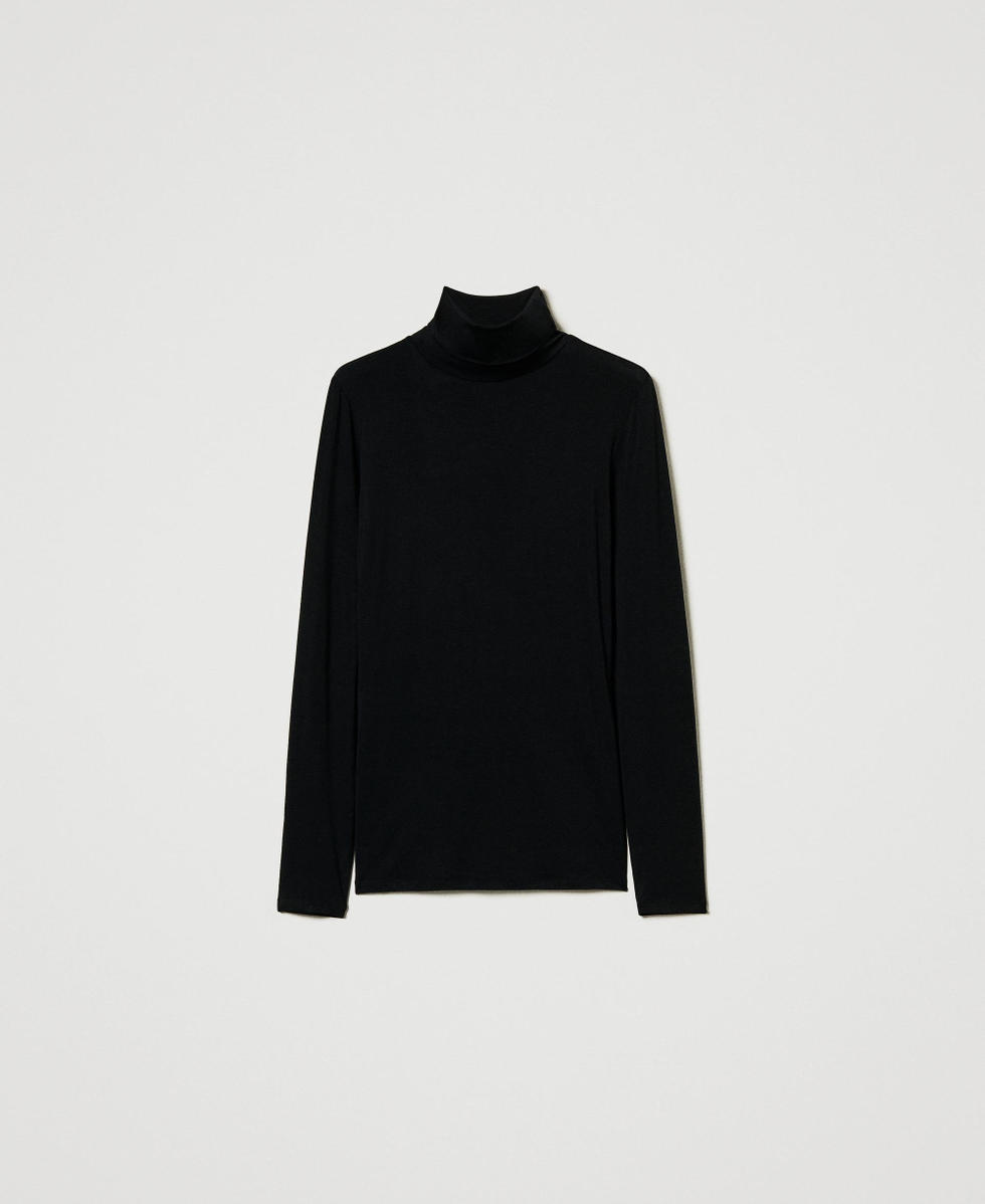 Turtleneck T-shirt with embroidered logo Woman, Black Turtleneck T-shirt with embroidered logo Woman, Black