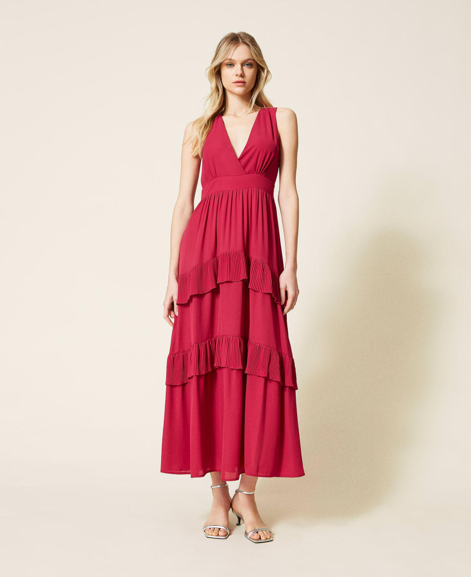 Robe longue en crêpe georgette avec volants Femme, Fuchsia | TWINSET Milano