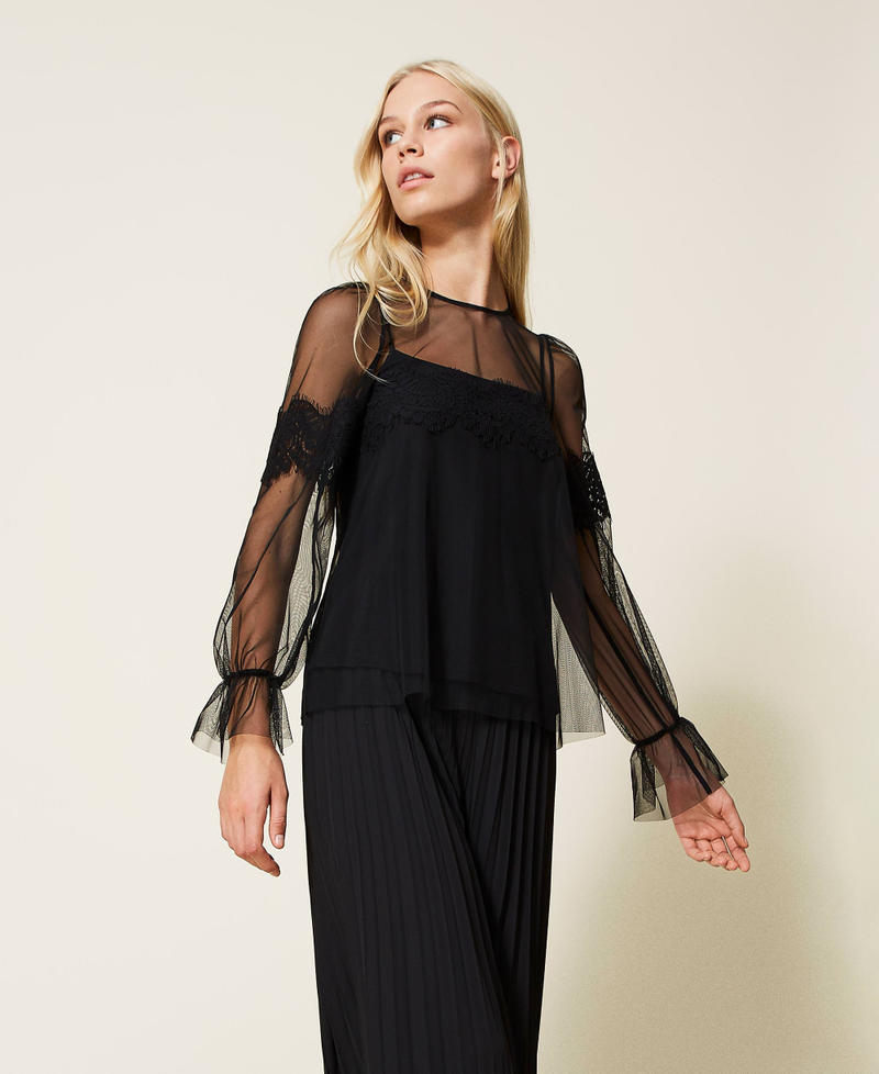 Blusa de tul con encaje Mujer, Negro | TWINSET Milano