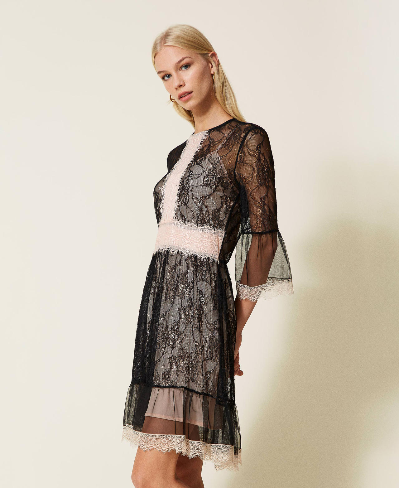 Abito in pizzo Valenciennes e tulle Donna, Nero | TWINSET Milano