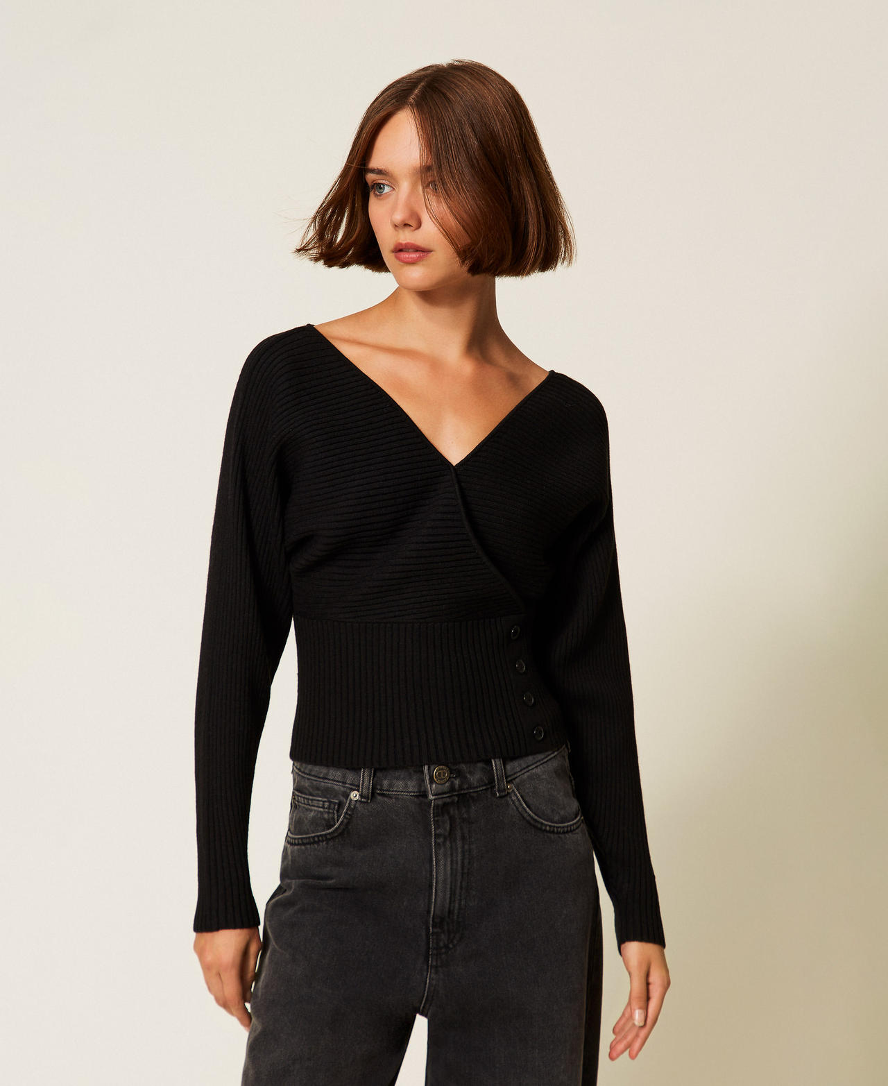 Rib knit cross front jumper Woman, Black | TWINSET Milano
