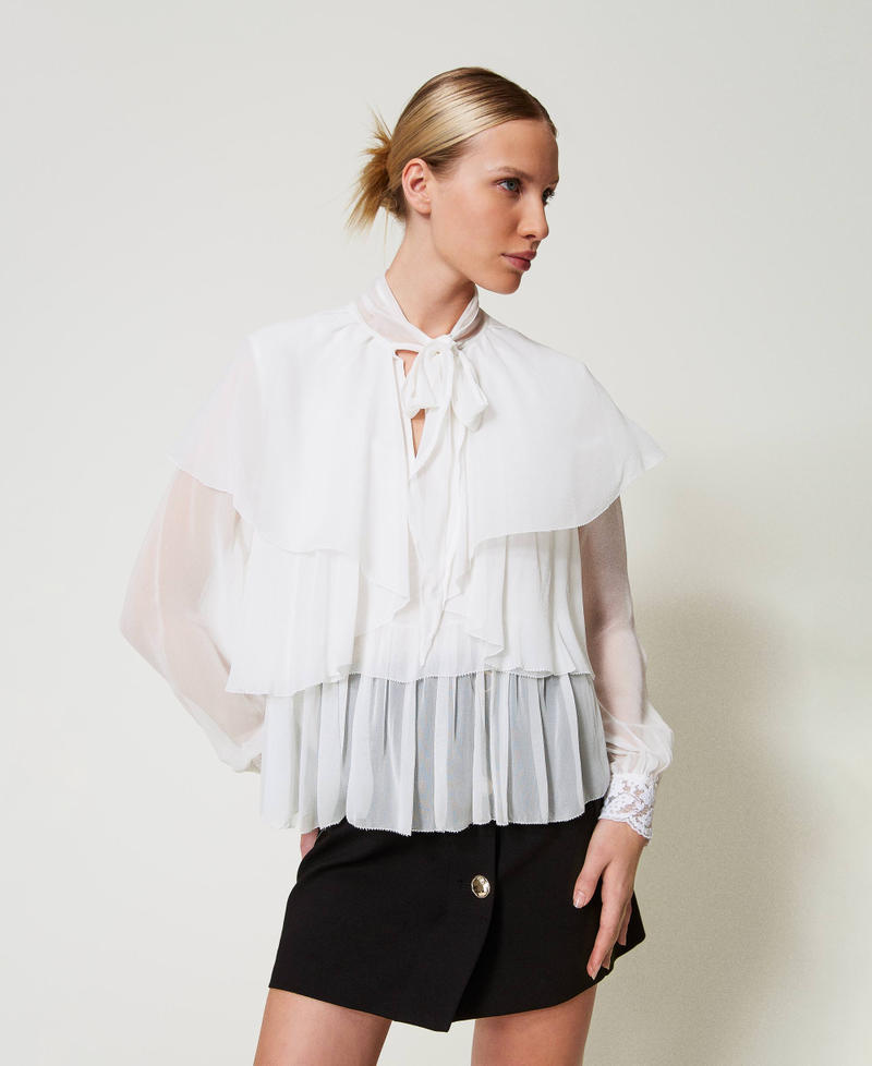 Georgette blouse with flounces and lace Woman, White | TWINSET Milano